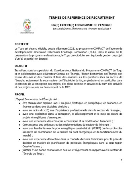 MCC-TERMES DE REFERENCE DE RECRUTEMENTS POUR DES POSTES – OMCA – Togo
