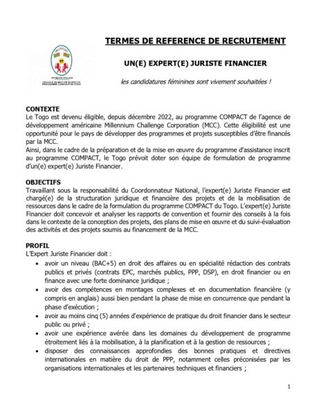 MCC-TERMES DE REFERENCE DE RECRUTEMENTS POUR DES POSTES – OMCA – Togo